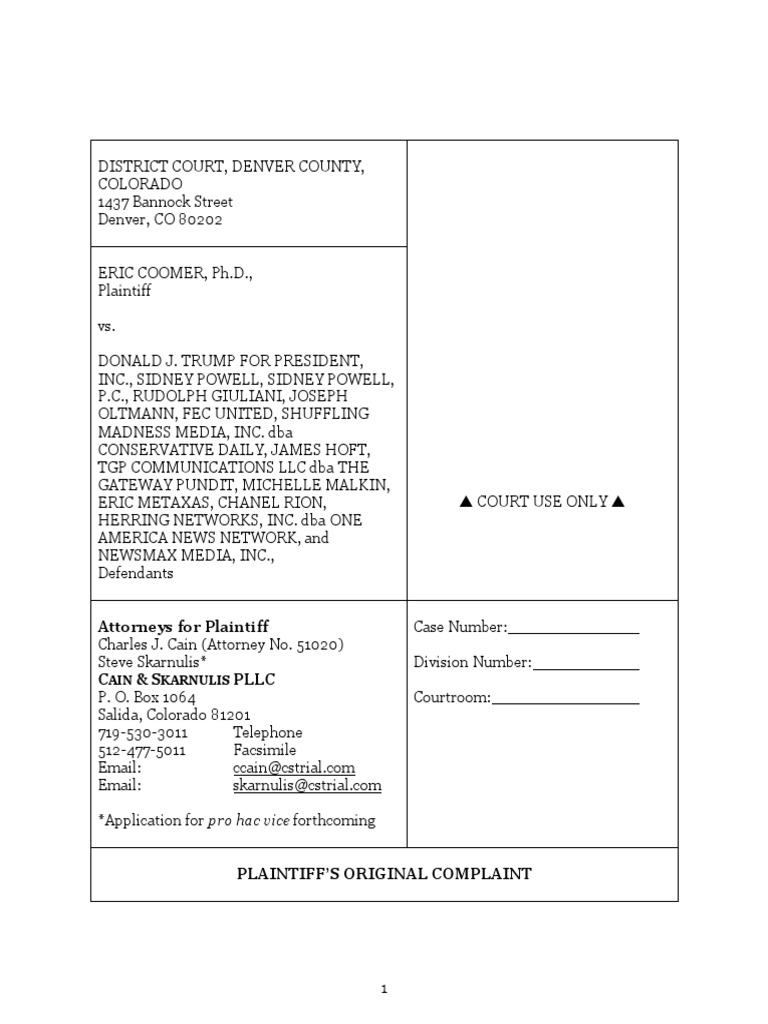Complaint 20201222 Eric Coomer Suit | PDF | Defamation | Elections