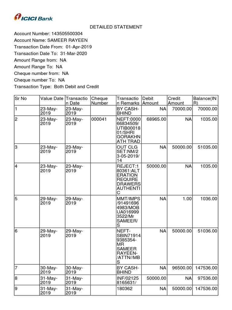 Sameer Icici Statement Fy-19-20 | PDF | Financial Transaction | Cheque