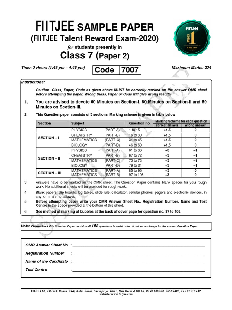 FIITJEE SAMPLE PAPER FOR CLASS 7 (Paper 2 | PDF | Photosynthesis | Electric Current