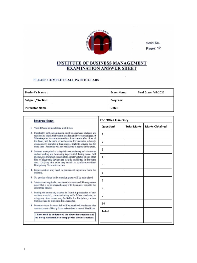 Student's Name: Exam Name: Subject / Section: Program: Instructor Name ...