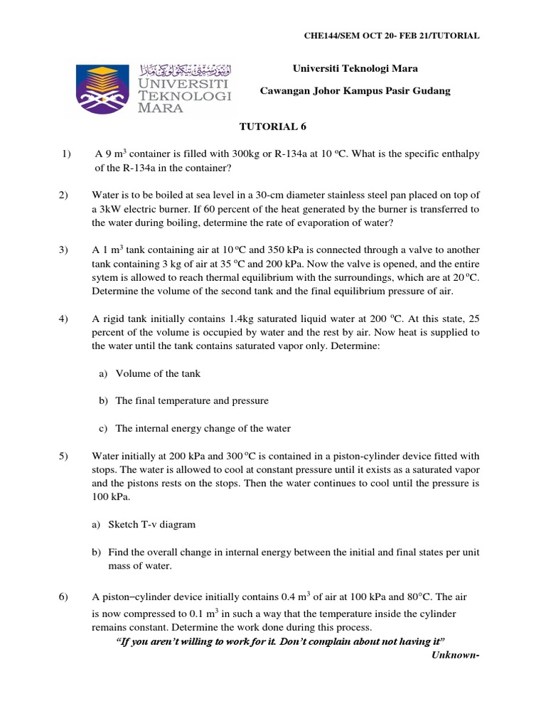 Thermodynamics Tutorial Problems | PDF | Science & Mathematics ...