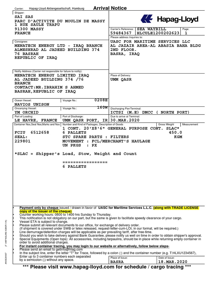Arrival Notice: Hapag-Lloyd Aktiengesellschaft, Hamburg | PDF | Cargo ...