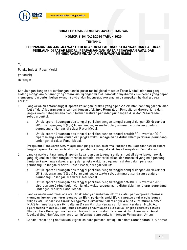 Surat Otoritas Jasa Keuangan Nomor S 101 D 04 2020 Tahun 2020-2 | PDF