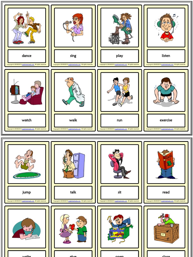 Action Verbs Vocabulary Esl Printable Learning Cards For Kids PDF | PDF ...