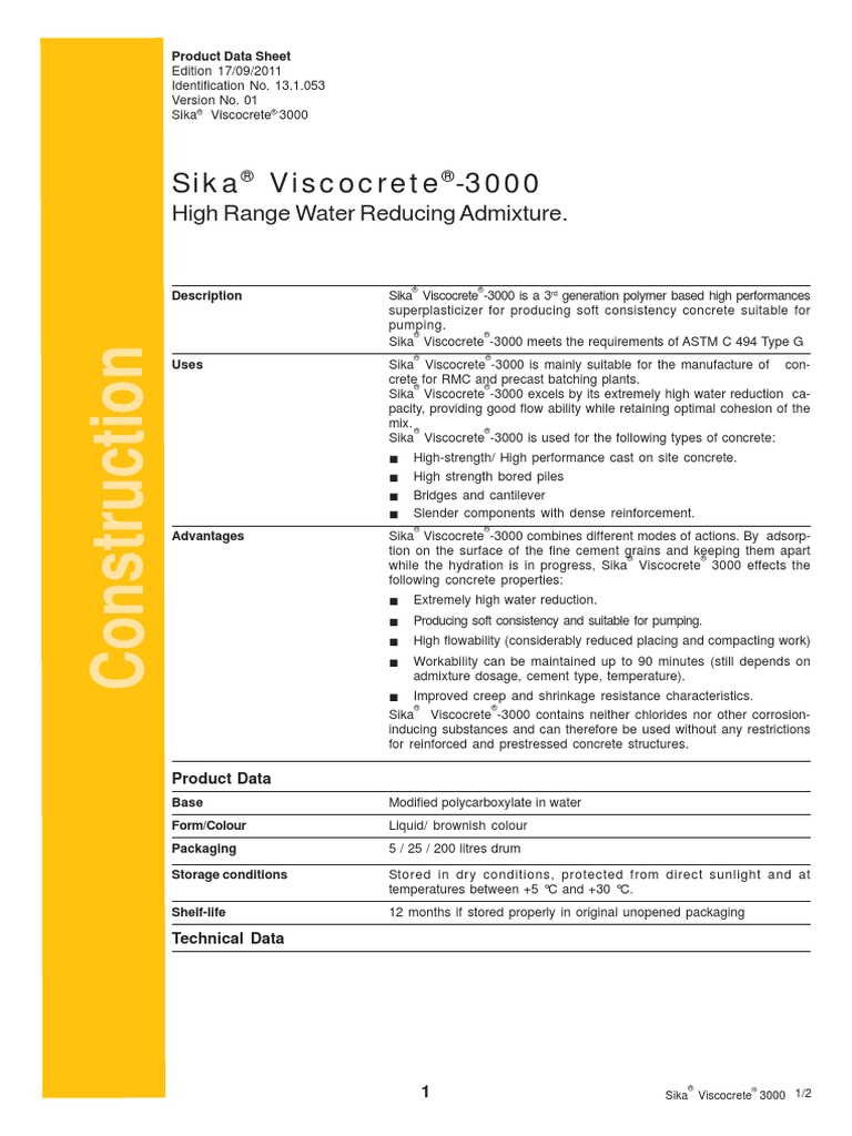 Sika Viscocrete - 3000: High Range Water Reducing Admixture | PDF ...