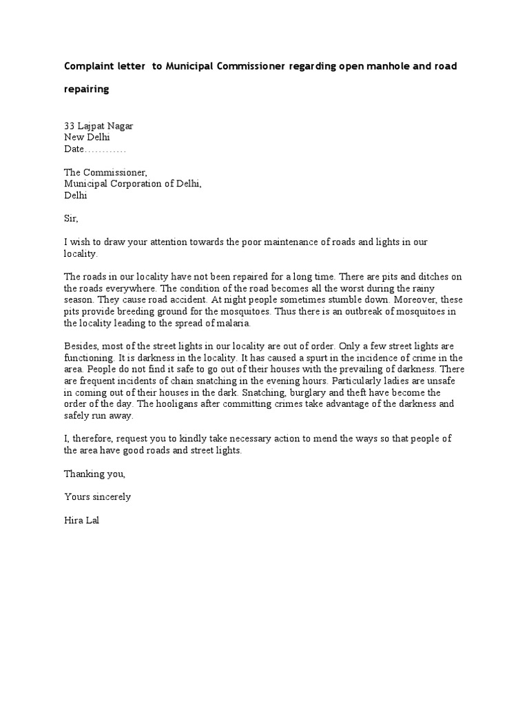Complaint Letter For Bad Roads | PDF