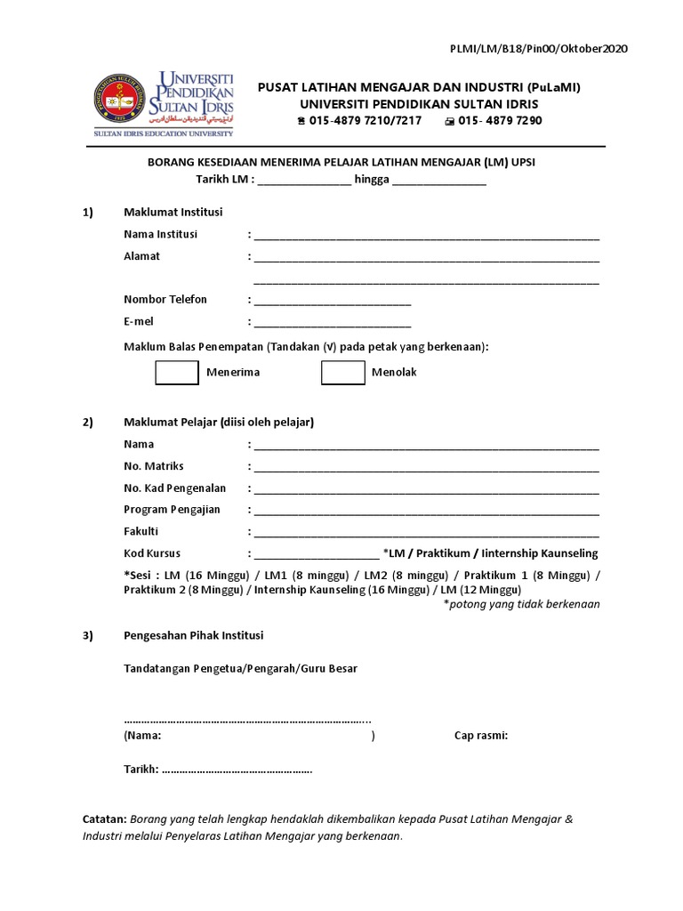 Borang Kesediaan Merima Pelajar LM Bermula A202 PDF | PDF