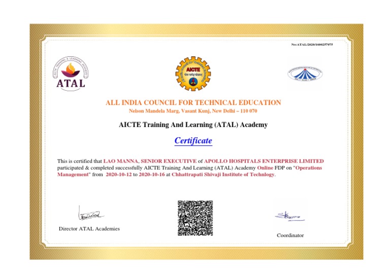 AICTE ATAL Academy certificate for Operations Management online FDP | PDF
