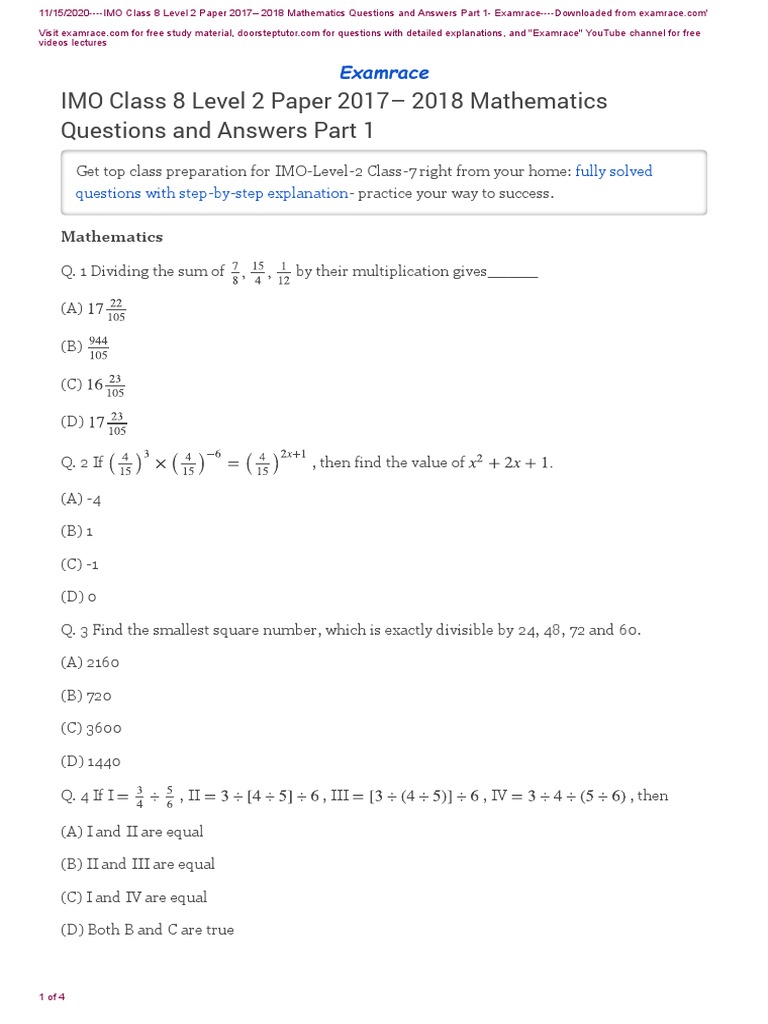 IMO Class 8 Level 2 Paper 2017 - 2018 Mathematics Questions and Answers ...