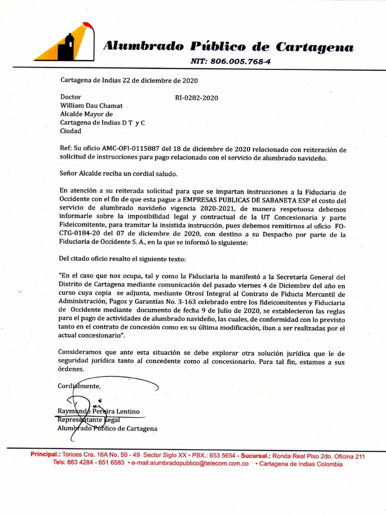 Oficio Al Alcalde William Dau Del Alumbrado Publico | PDF