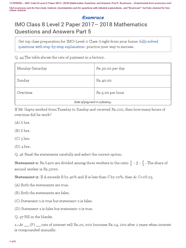 IMO Class 8 Level 2 Math Q&A Part 5 | PDF | Angle | Polygon
