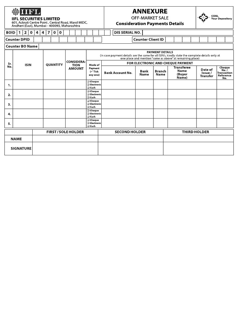 Annexure Off-Market Sale Consideration Payments Details Final PDF | PDF
