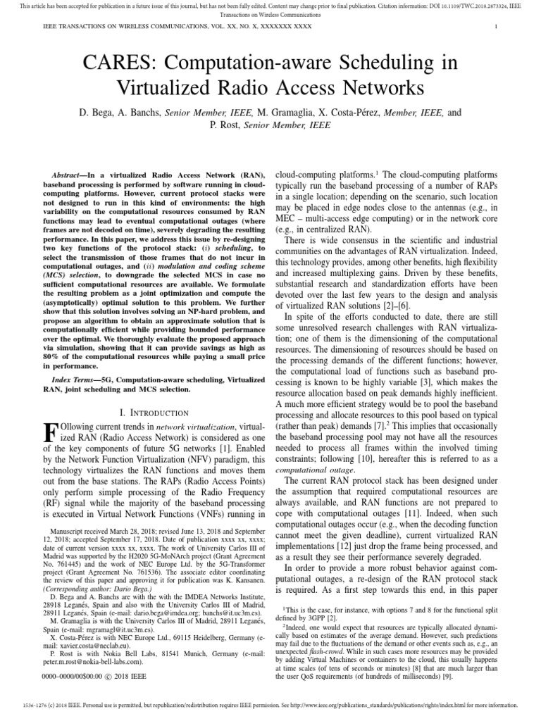CARES: Computation-Aware Scheduling in Virtualized Radio Access Networks | PDF | Scheduling ...