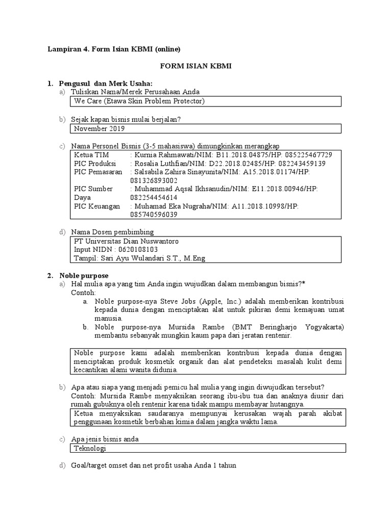 Form Isian KBMI untuk We Care | PDF