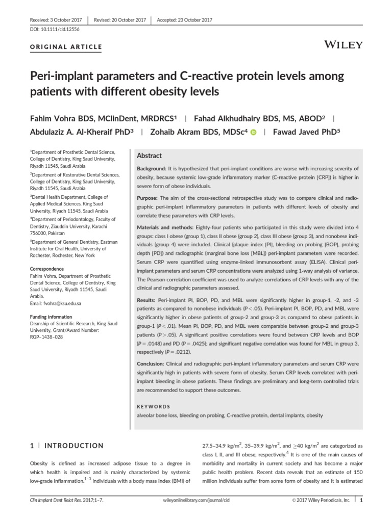 Peri Implant Parameters and C Reactive Protein Levels Among Patients With Different Obesity ...