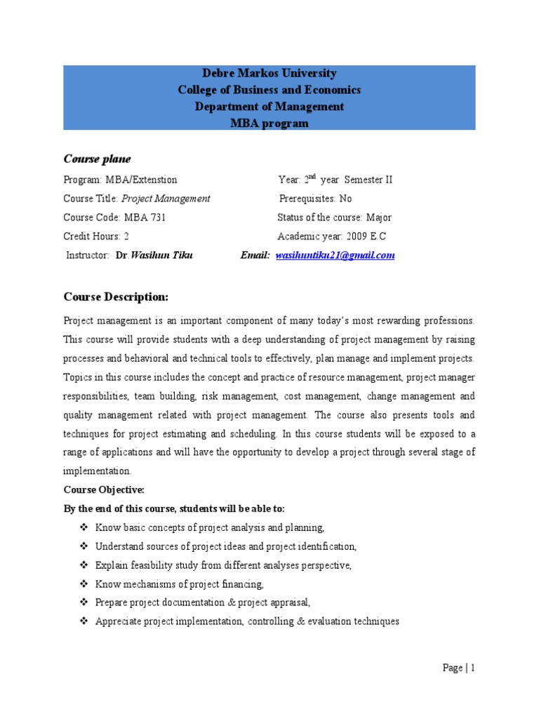 MBA Project Management Course Outline | PDF | Project Management ...
