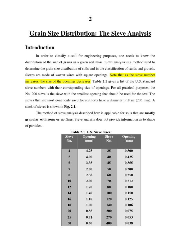 Grain Size Distribution: The Sieve Analysis: Sieve No. Opening (MM ...