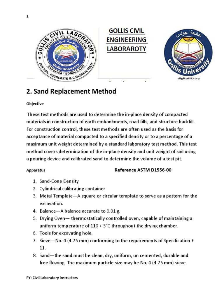 Sand Replacement Method: Objective | PDF | Density | Calibration