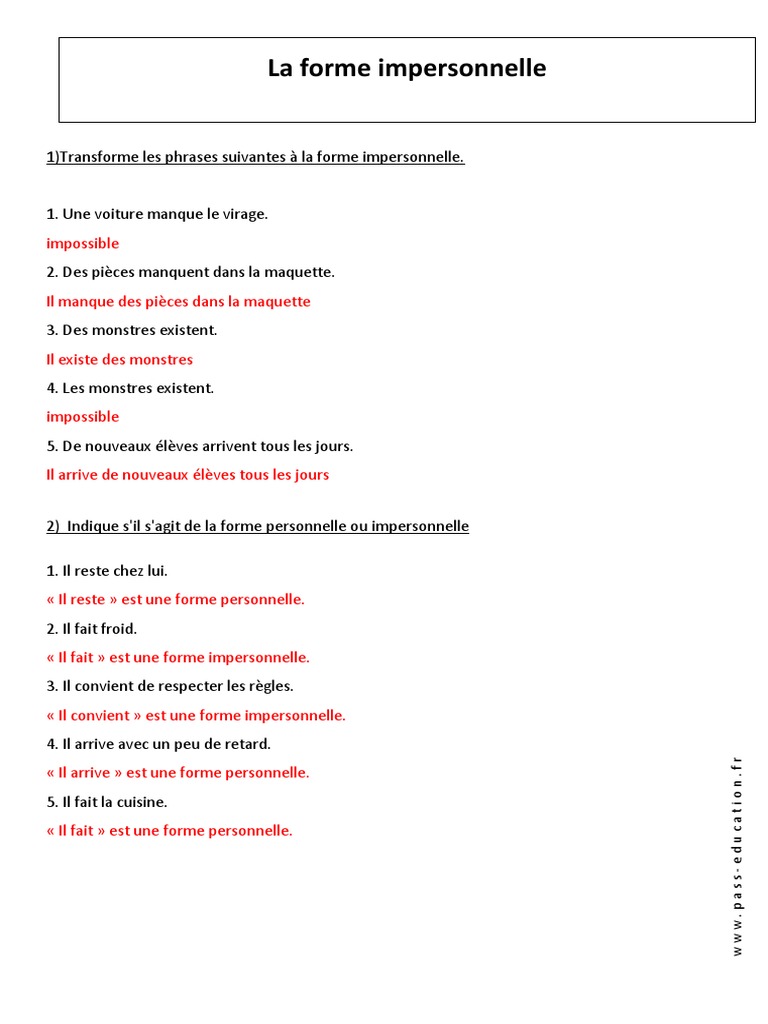 Exercices sur la phrase impersonnelle | PDF