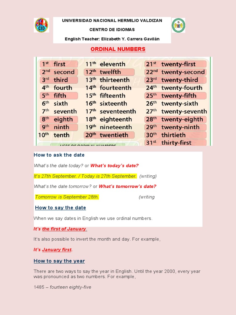 Ordinal Numbers: How To Ask The Date | PDF