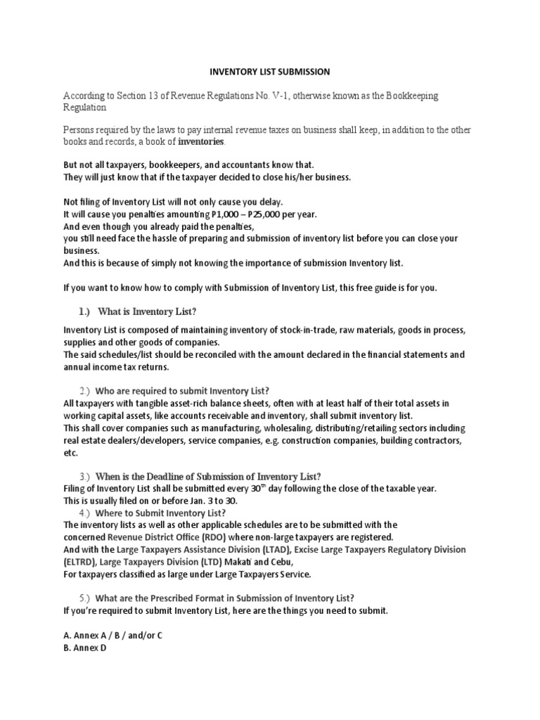 Inventory List Submission Guidelines | PDF | Inventory | Bookkeeping