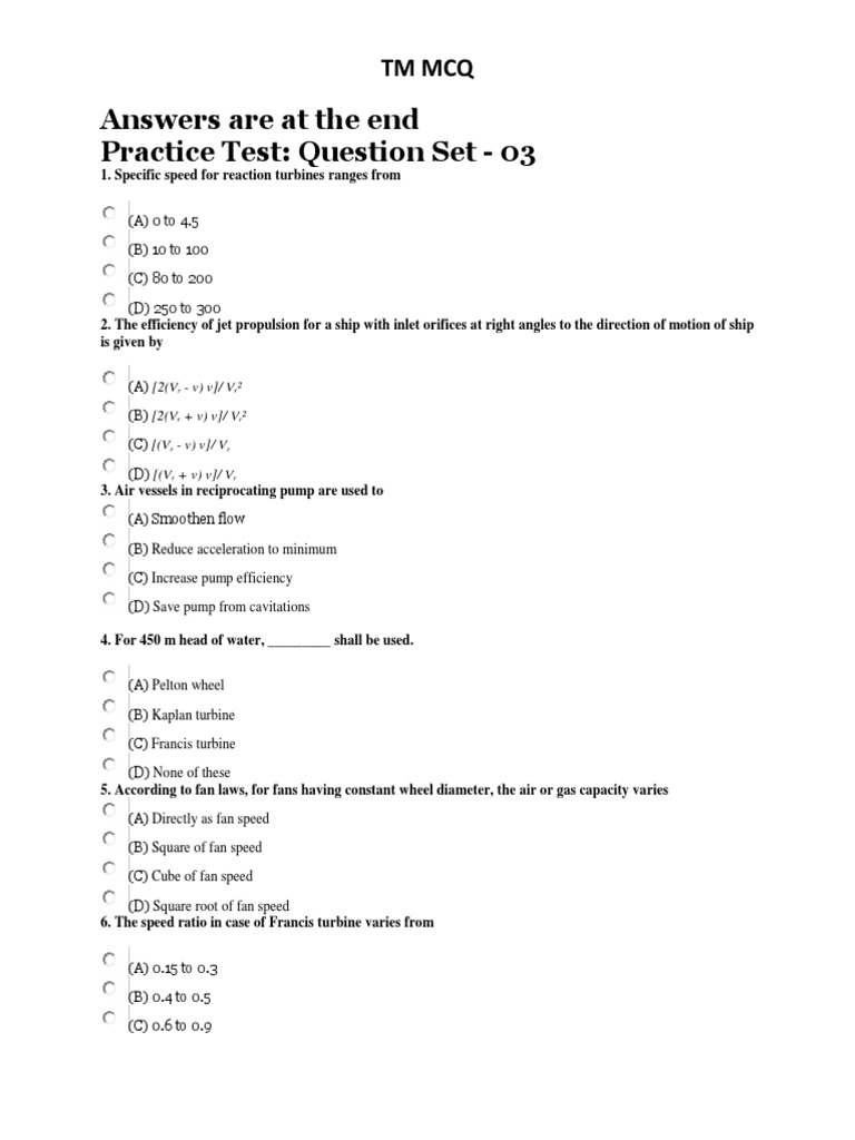 Answers Are at The End Practice Test: Question Set - 03: TM MCQ | PDF ...