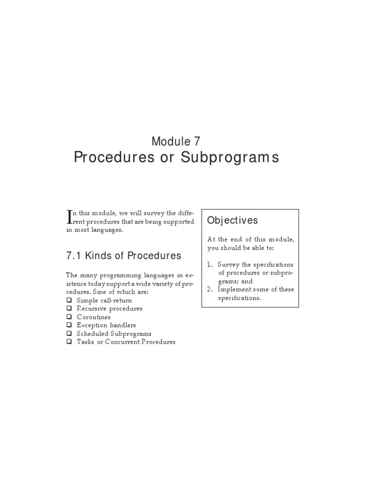 Procedures or Subprograms: Objectives | PDF | Subroutine | Pointer (Computer Programming)
