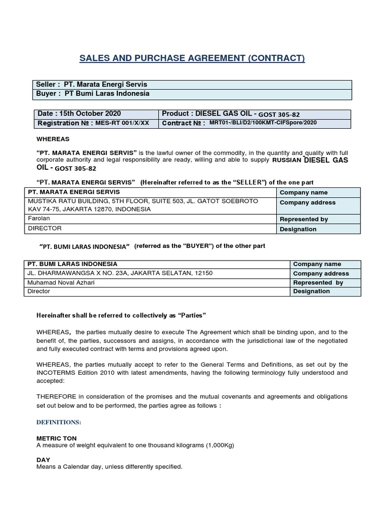 Diesel Gas Oil Sales Agreement | PDF | Business Law | Private Law