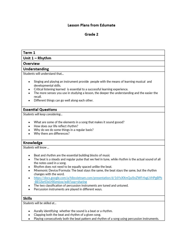 Grade 2 Rhythm Lesson Plan | PDF | Rhythm | Lesson Plan