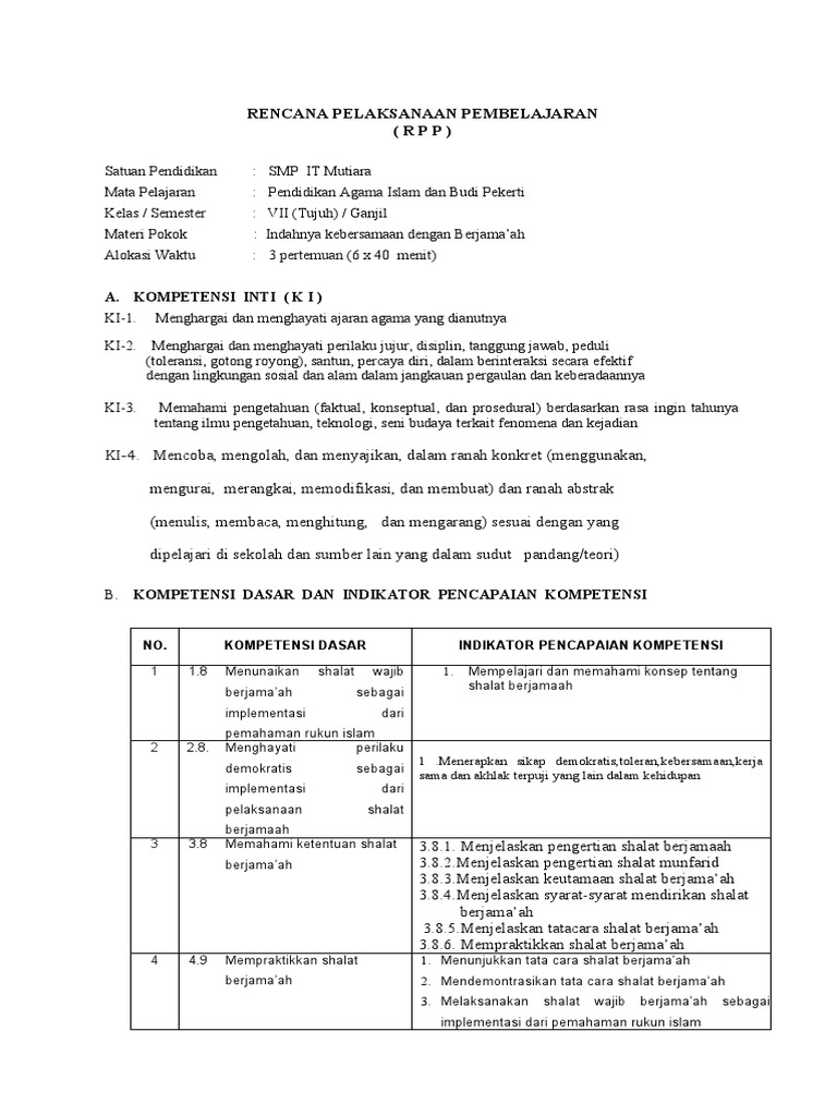RPP Shalat Berjamaah | PDF