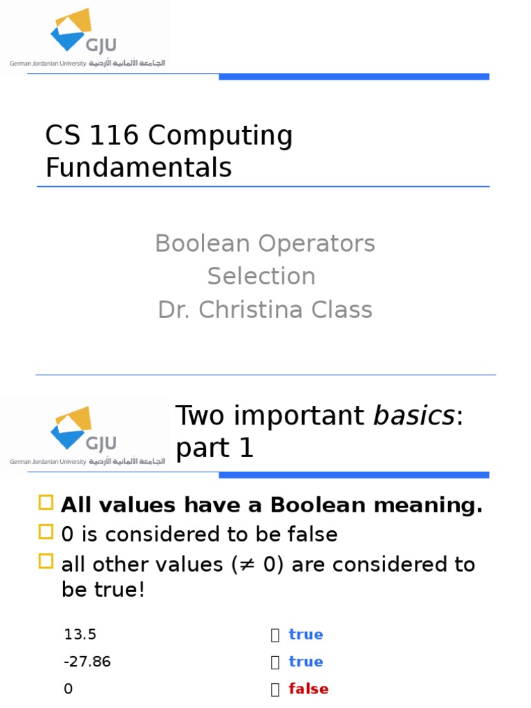 CS 116 Computing Fundamentals: Boolean Operators Selection Dr. Christina Class | PDF | Boolean ...