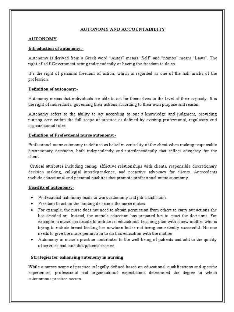 Autonomy and Accountability | Download Free PDF | Autonomy | Nursing