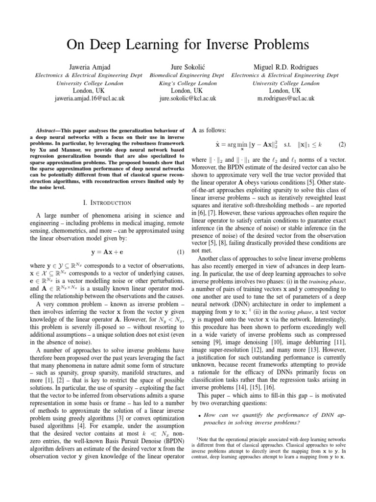 On Deep Learning For Inverse Problems: Jaweria Amjad Jure Sokoli C Miguel R.D. Rodrigues | PDF ...