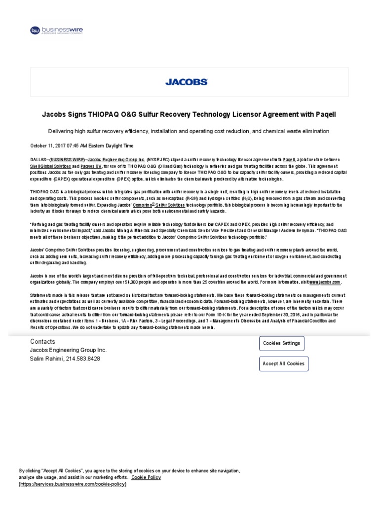 Jacobs Signs THIOPAQ O&G Sulfur Recovery Technology Licensor Agreement ...