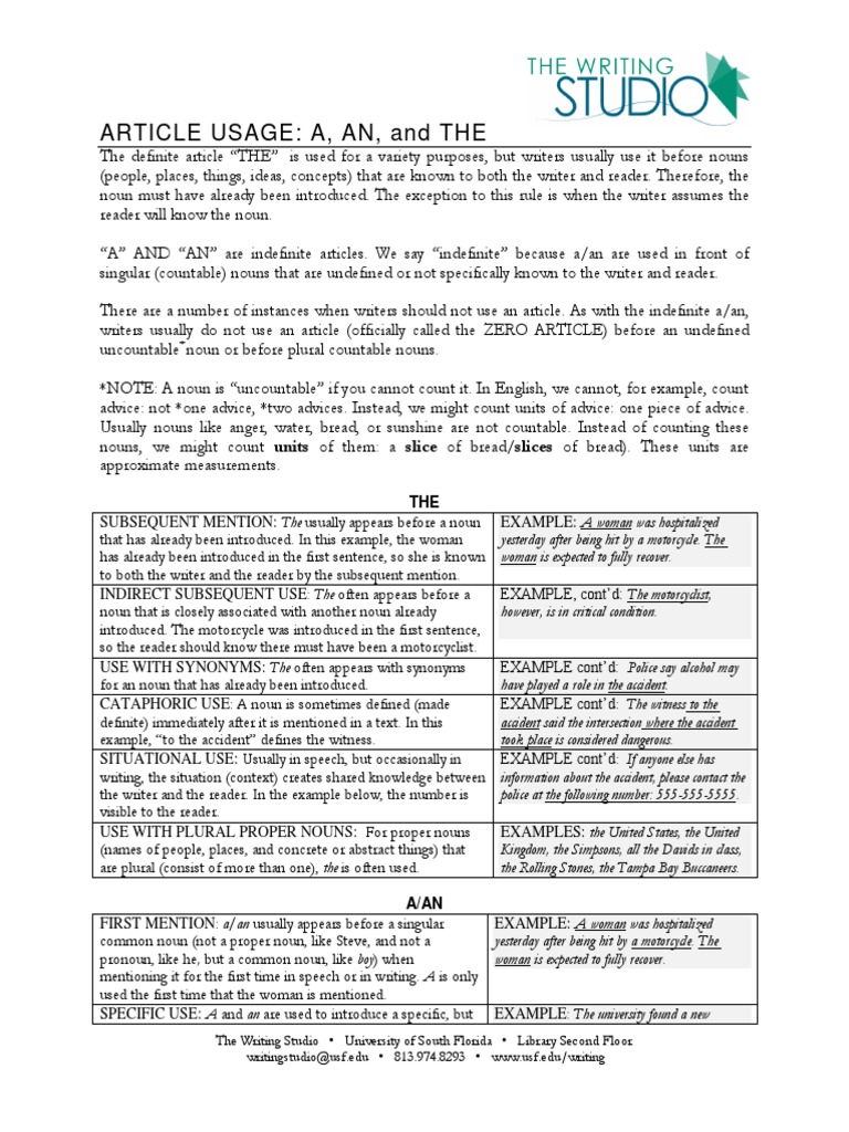 Article Usage: A, An, and The | PDF | Noun | Plural