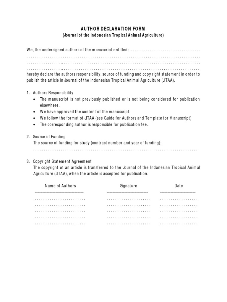 Author Declaration Form: (Journal of The Indonesian Tropical Animal ...