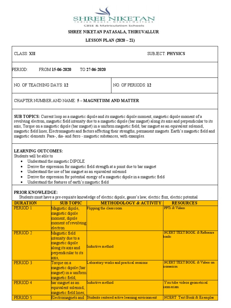 Class 12 Physics Lesson Plan: Magnetism | PDF | Dipole | Magnetic Field