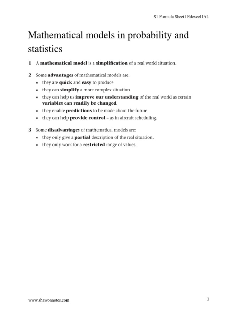 Mathematical Models in Probability and Statistics: S1 Formula Sheet ...