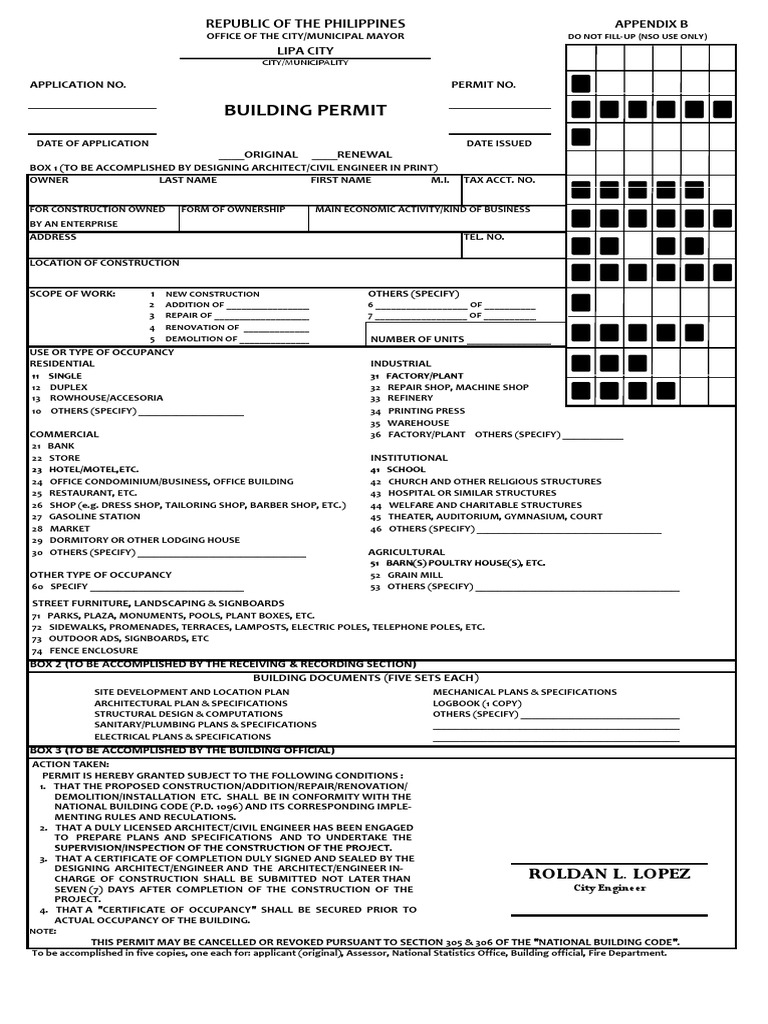 Lipa City Building Permit Form | PDF | Specification (Technical ...
