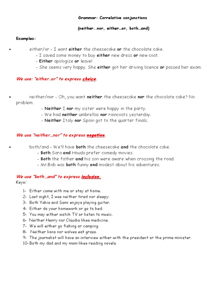 We Use: "Either..or" To Express Choice.: Grammar: Correlative ...