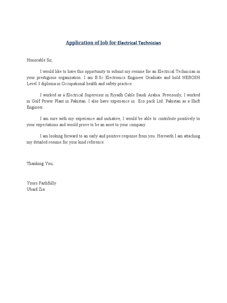 Application of Job For Electrical Technician | PDF | Electrical ...
