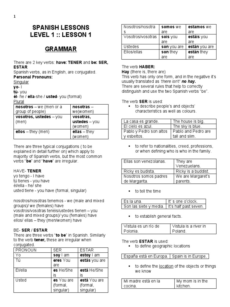 Spanish Lessons Level 1:: Lesson 1 Grammar | PDF | Semantic Units ...