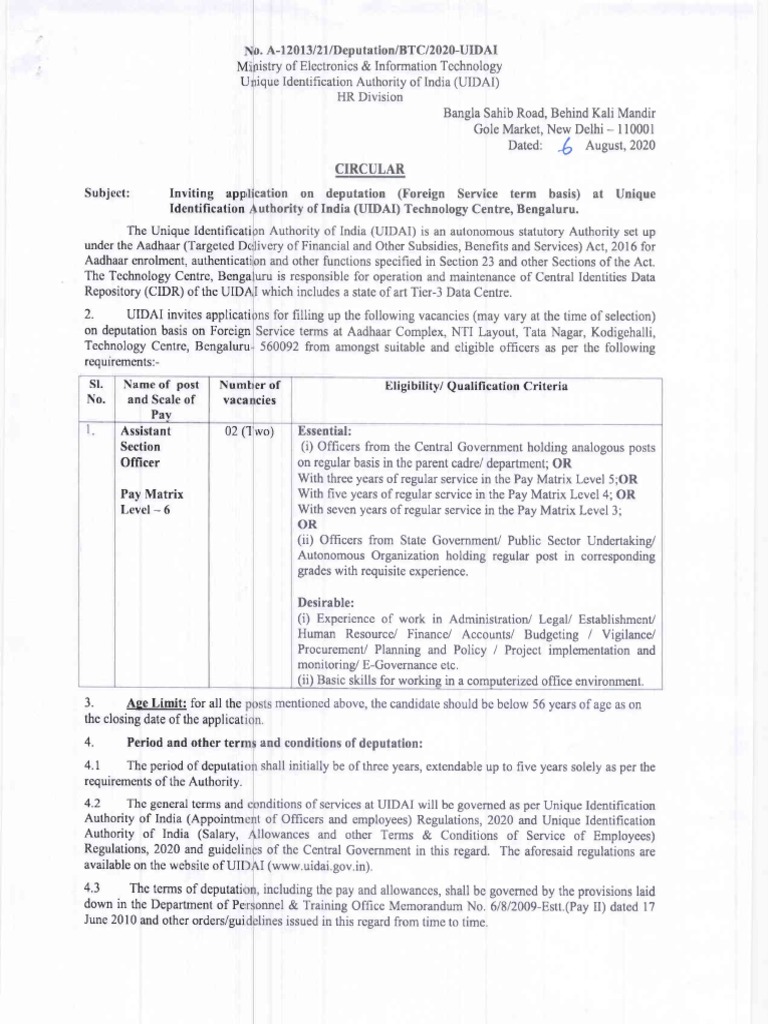 Inviting Applications for Deputation Positions at UIDAI Technology ...