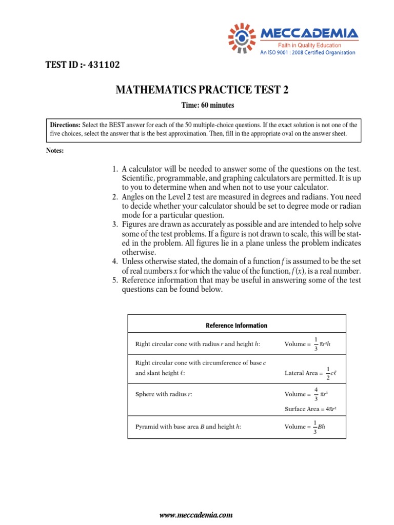 Maths Sat Paper 02 (431102) | PDF | Volume | Area