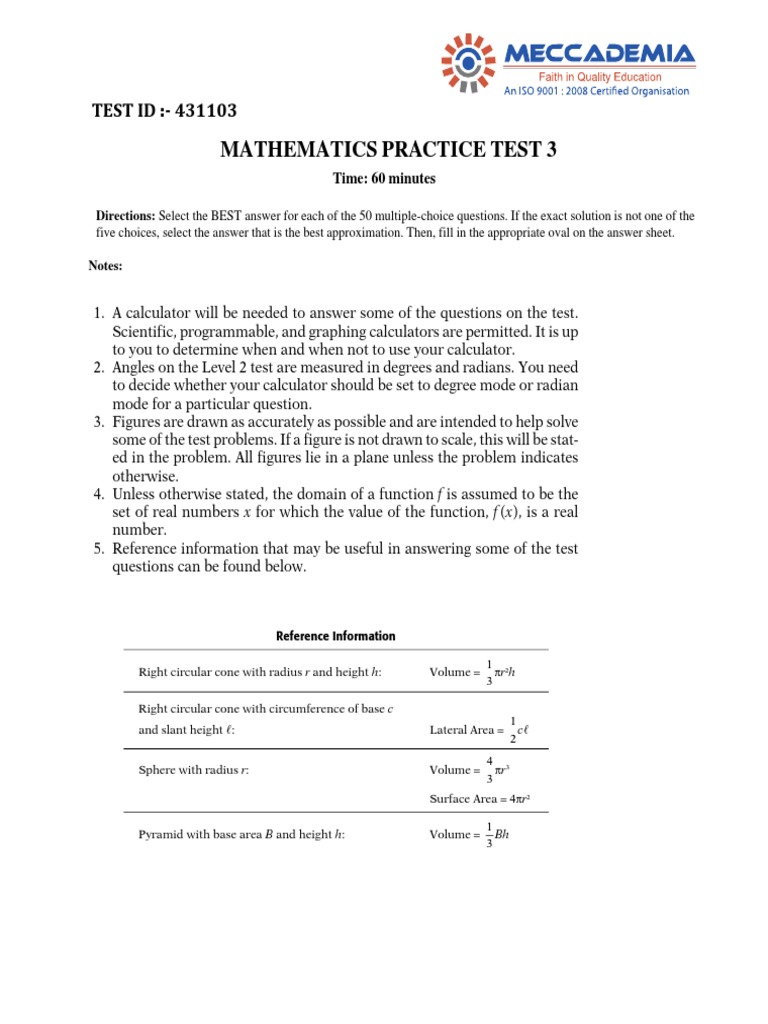 Math Practice Test Questions 1-50 | PDF | Area | Sat