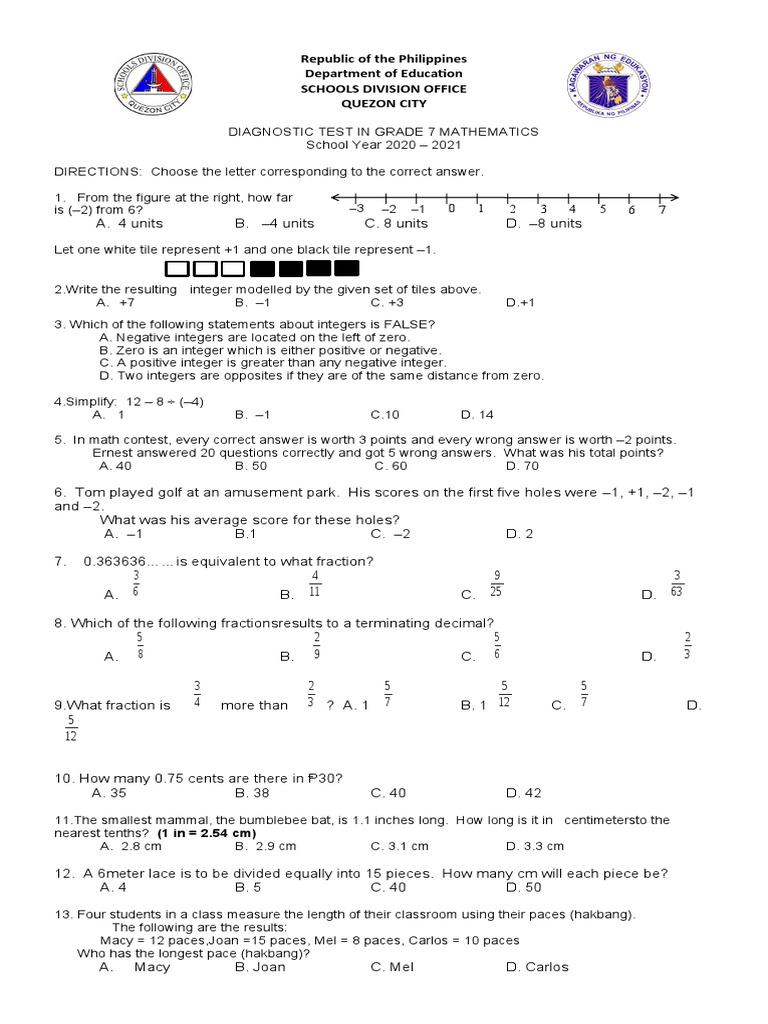 Diagnostic Test Grade 7 SY20 21 30 Items WITHOUT ANSWER KEY | PDF ...