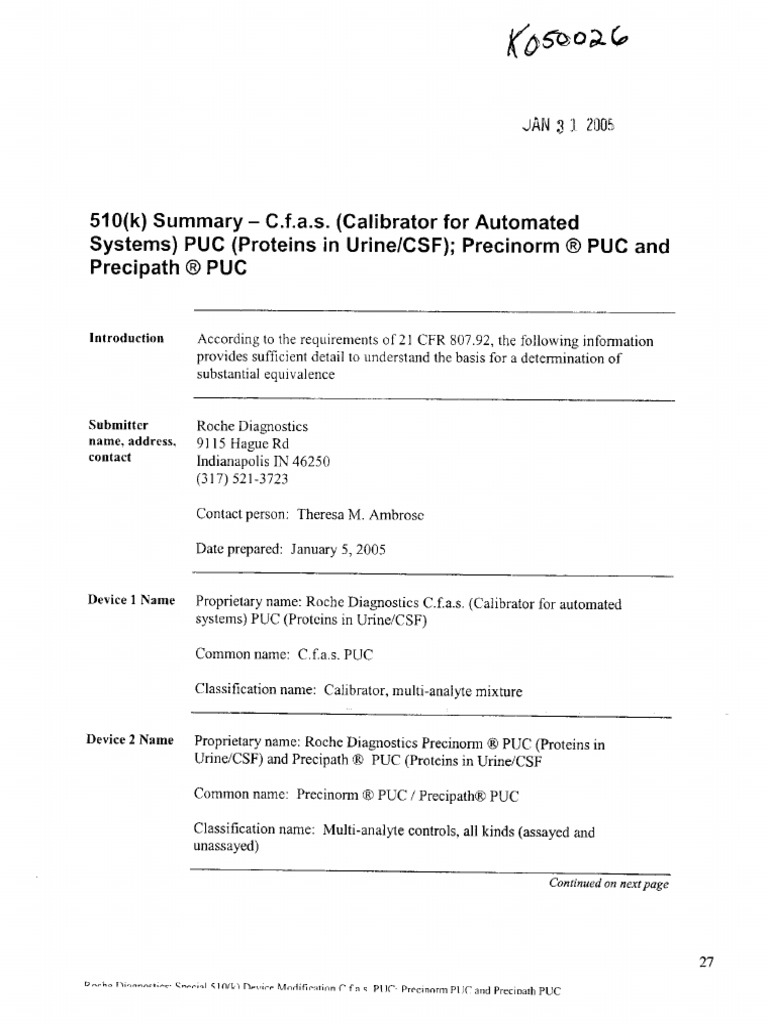 510O (K) Summary C.F.A.S. (Calibrator For Automated Systems) Puc ...