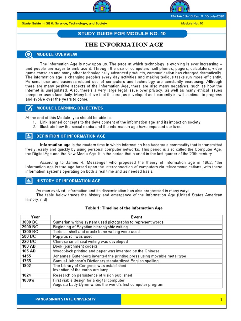 The Information Age: Study Guide For Module No. 10 | PDF | Social Media | Popular Culture ...