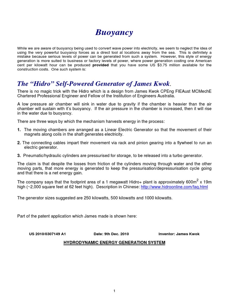 Buoyancy: The "Hidro" Self-Powered Generator of James Kwok | PDF | Pump ...