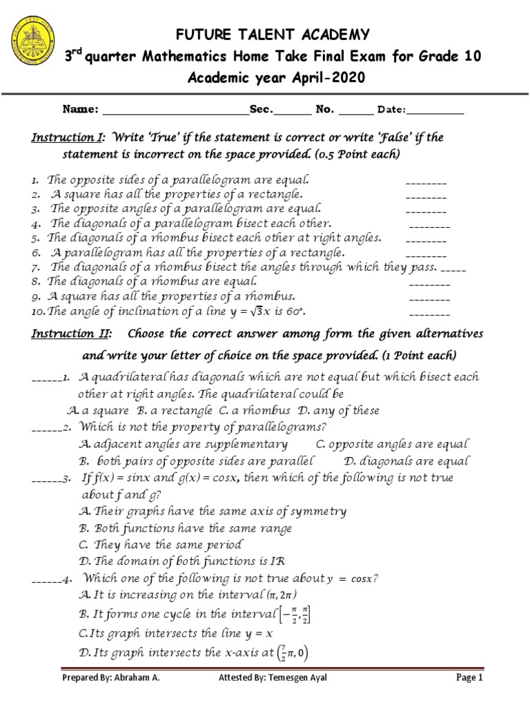 3rd Quarter Mathematics Home Take Final Exam For Grade 10 | PDF ...